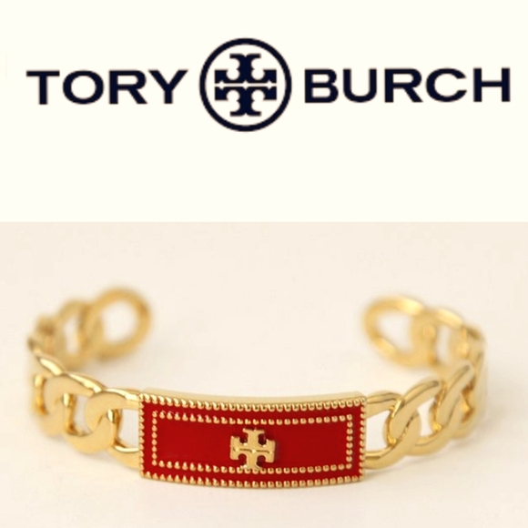 Tory Burch | Jewelry | Tory Burch Milgrain Logo Red Gold Chain Link ...